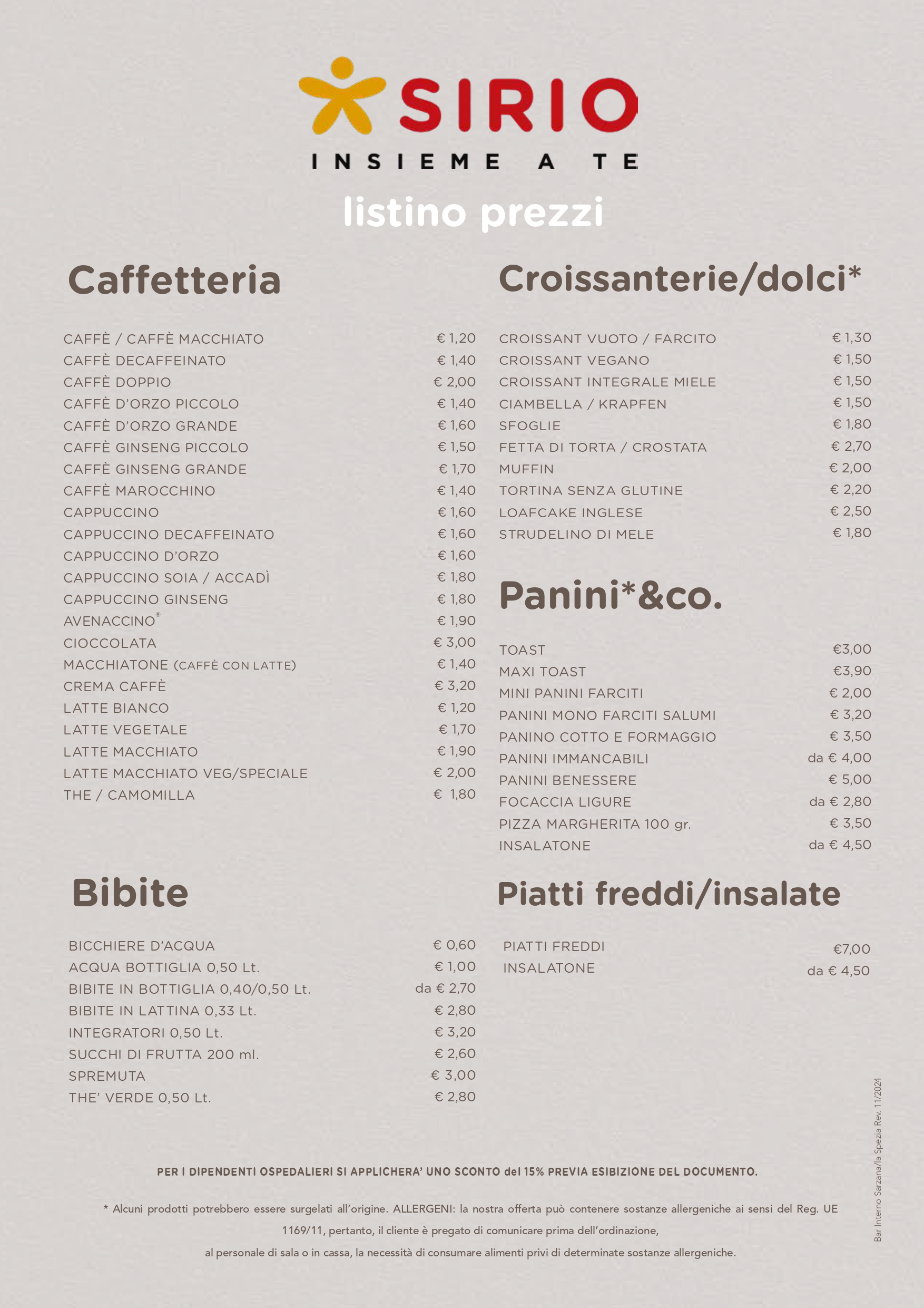 Listino prezzi Caffetteria Ospedale Sarzana La Spezia - SIRIO SPA ...